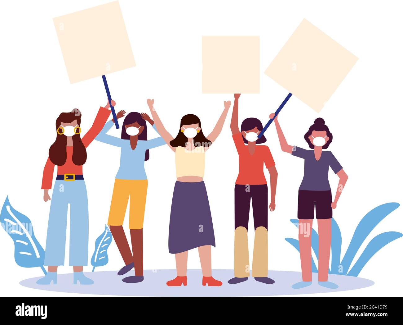 Women with medical masks and banners boards design, Manifestation ...