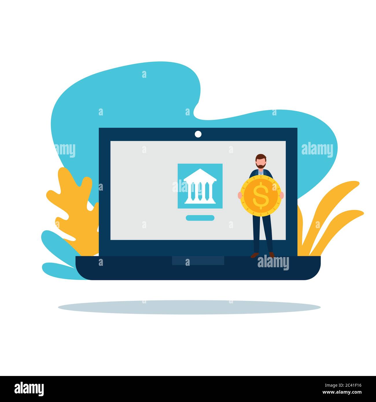 man avatar with laptop bank and coin of Online payments money and ...