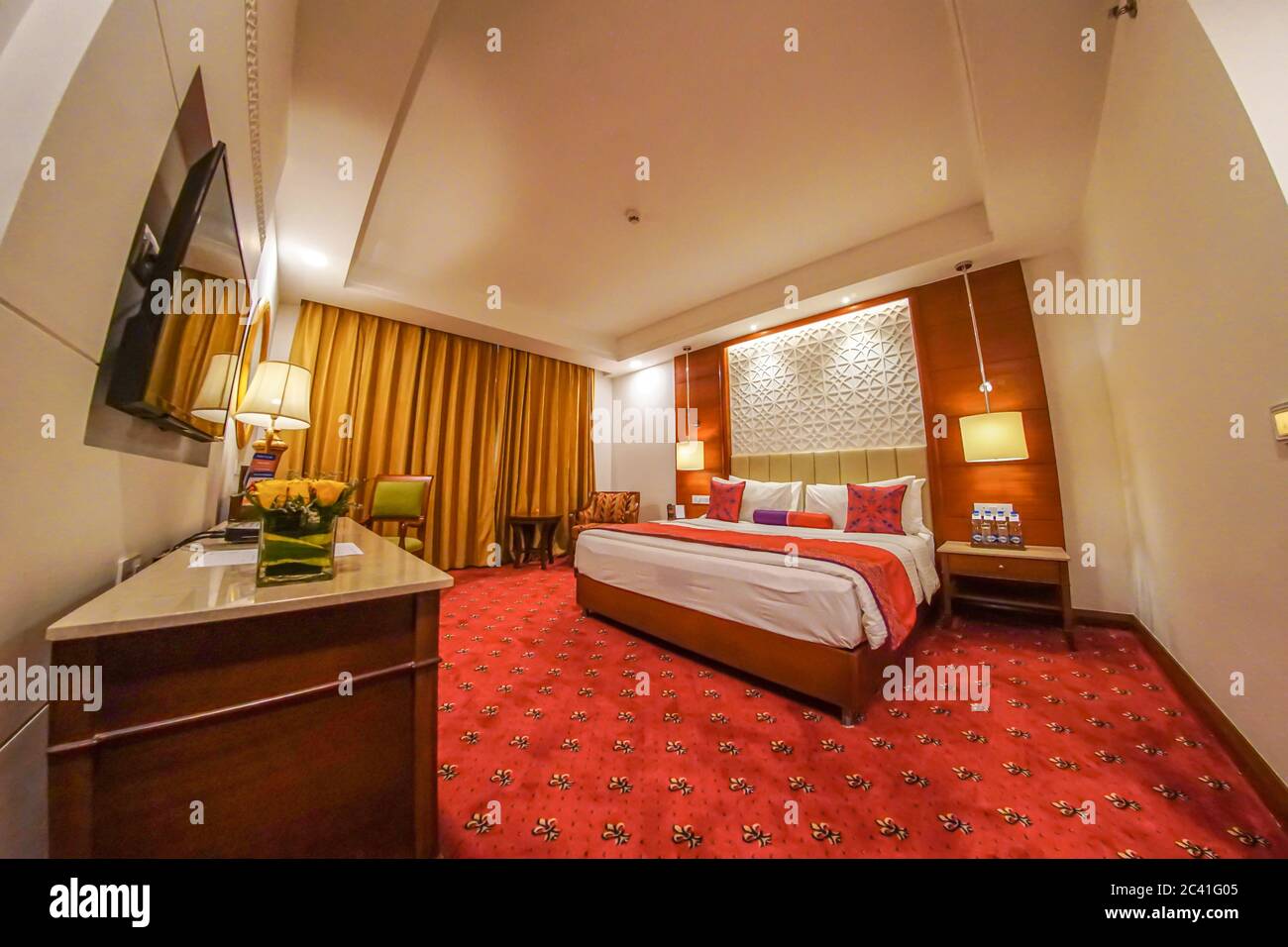 Luxury hotel room with open window wide shot Stock Photo - Alamy