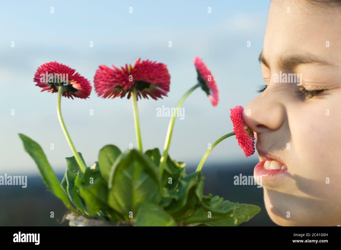 Child smells flowers hi-res stock photography and images - Alamy