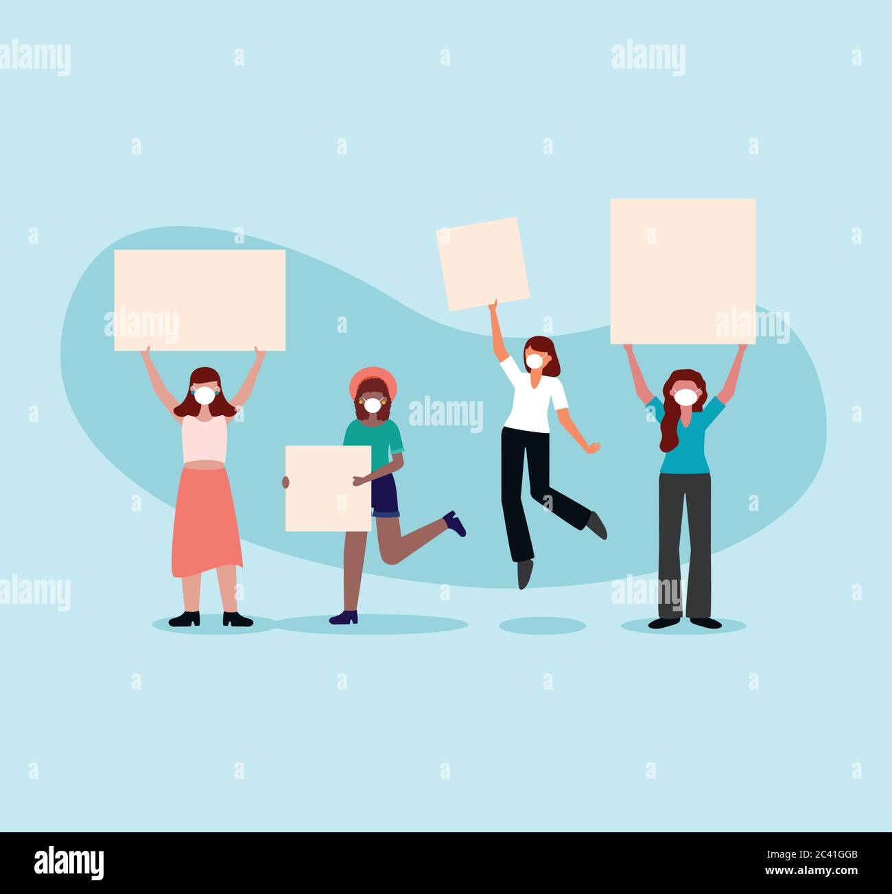 Women with medical masks and banners boards design, Manifestation ...