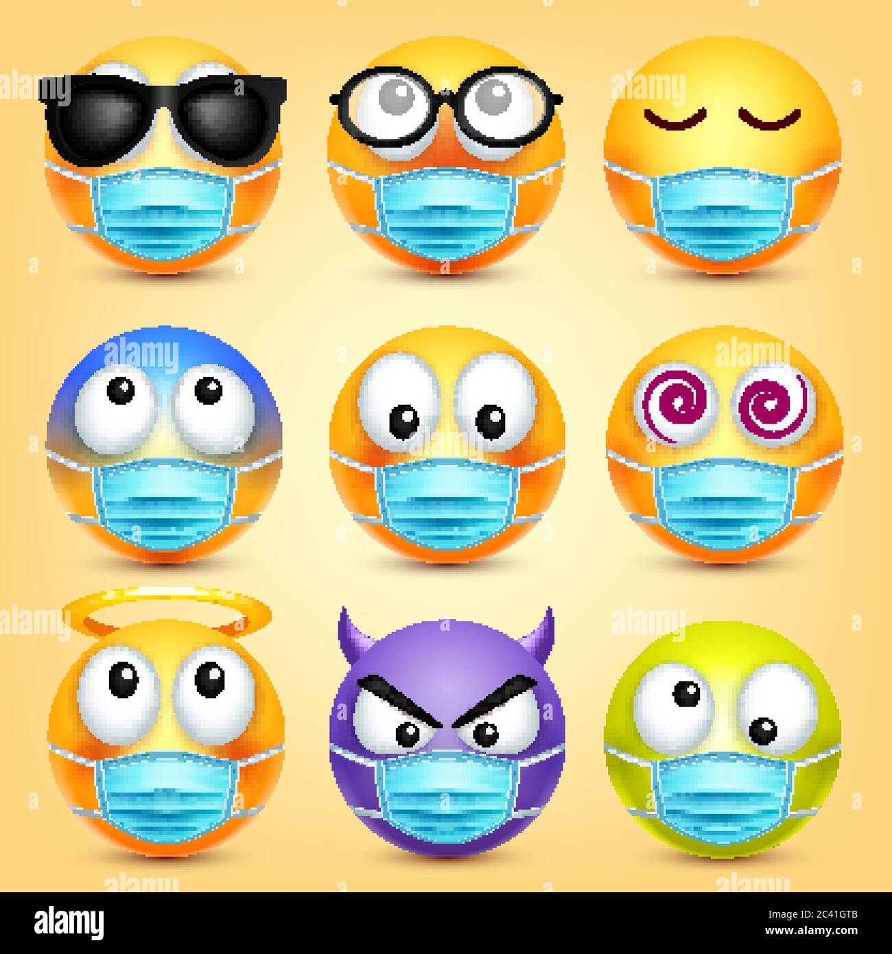 Emoticons, emoji vector collection. Cartoon yellow face with medical ...