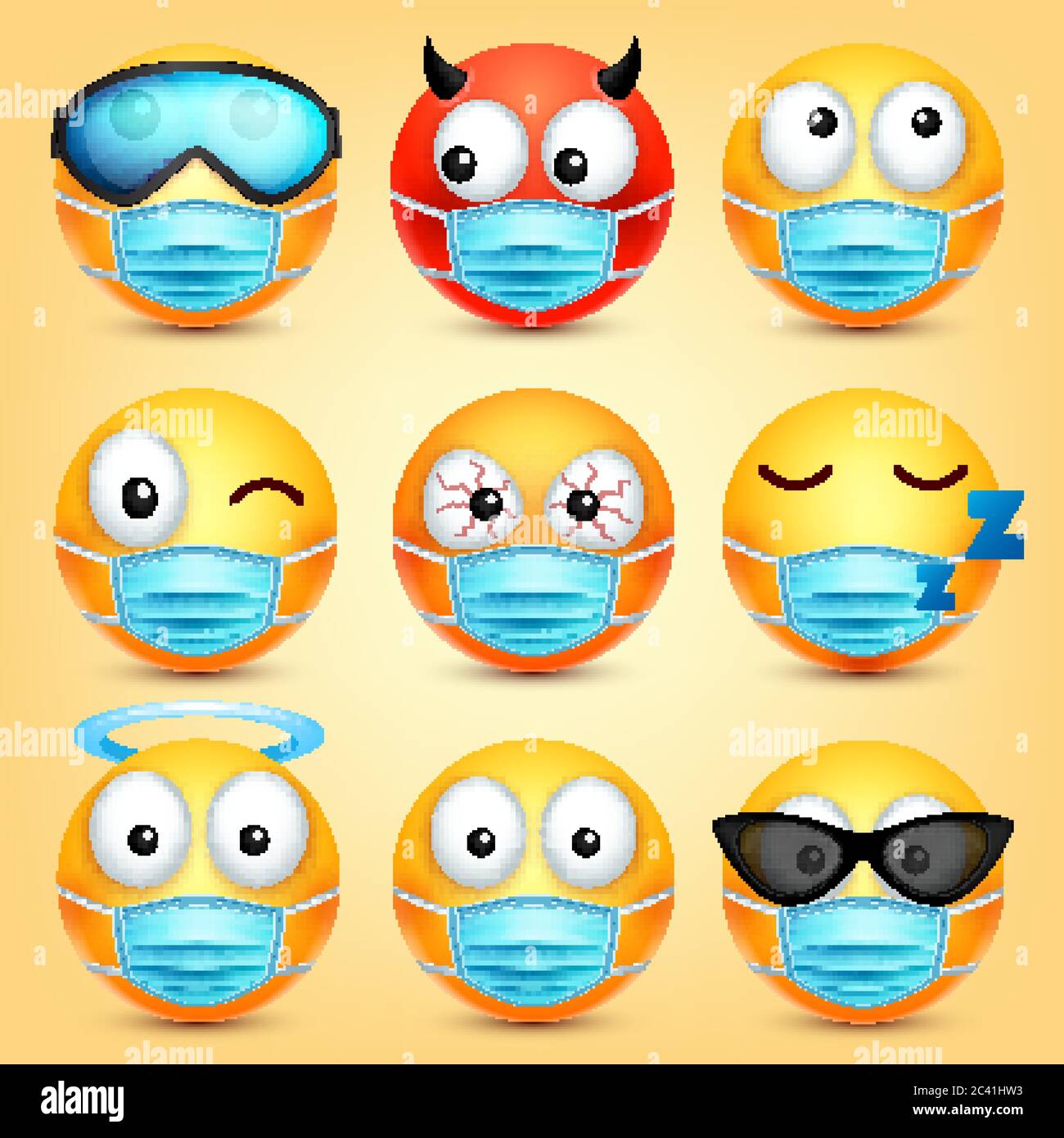 Emoticons, emoji vector collection. Cartoon yellow face with medical ...