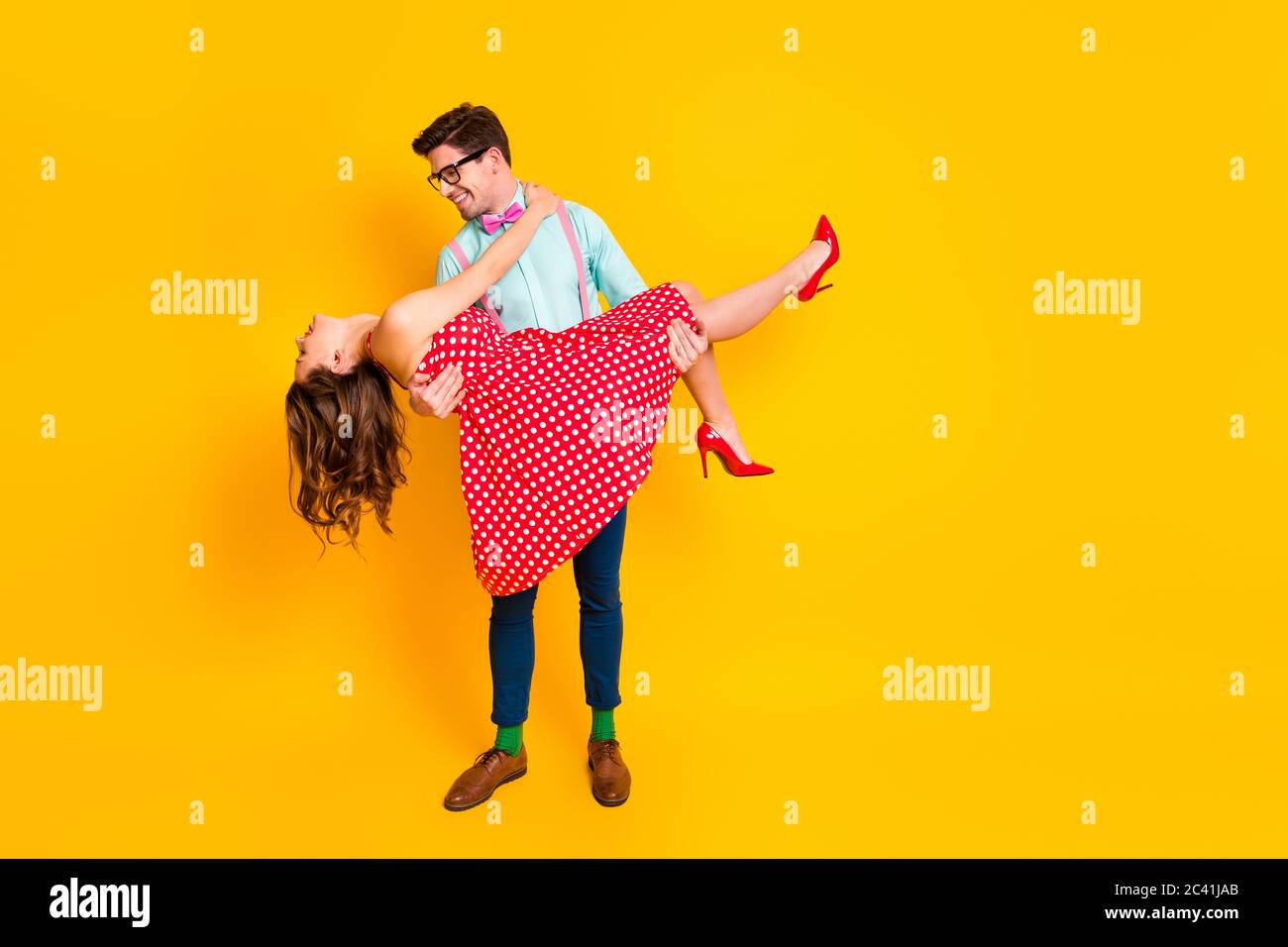 Full body photo of pretty lady handsome guy couple carry lovely ...