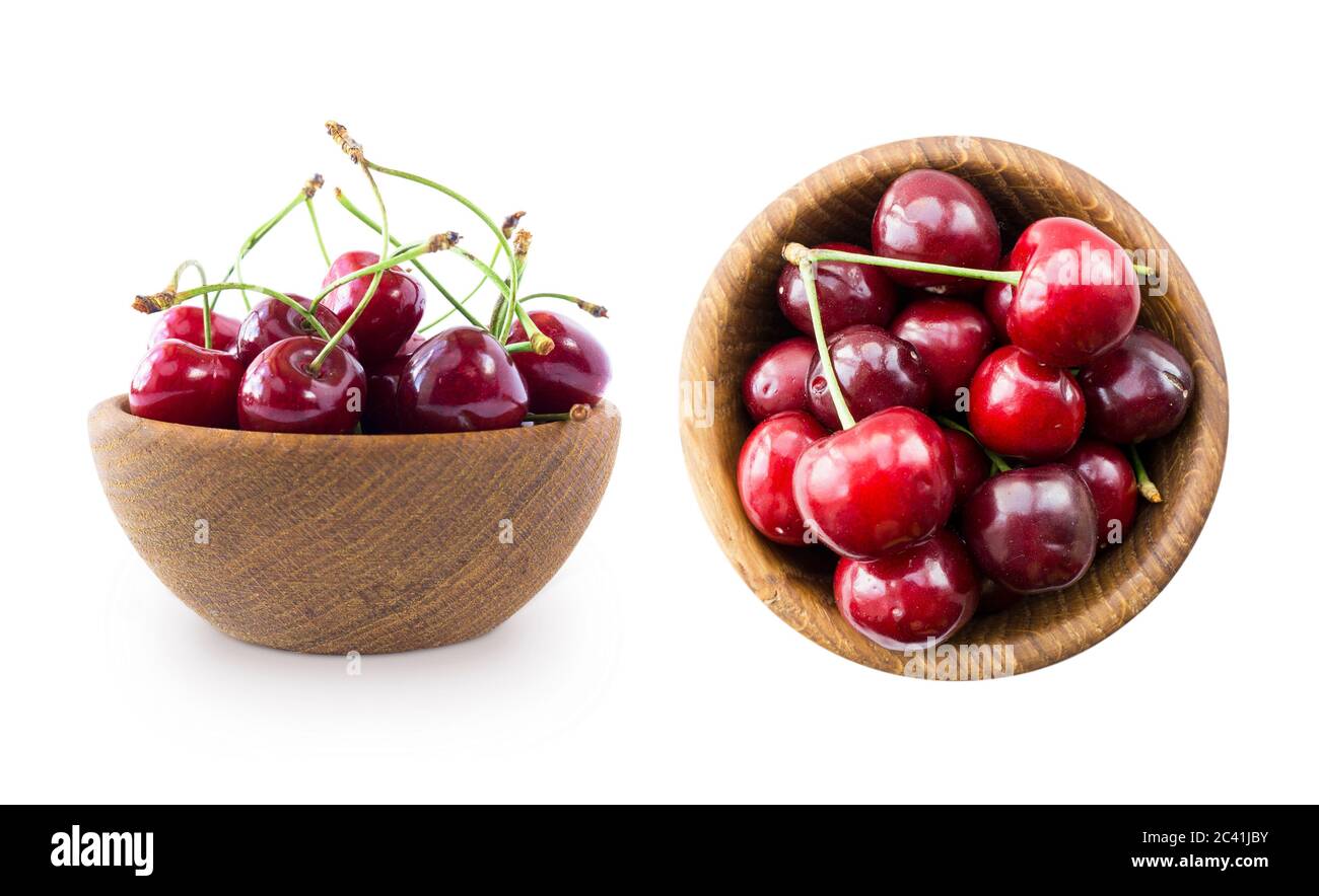Cherry fruits with bowl on a white. Set of cherries. Two bowls with red ...