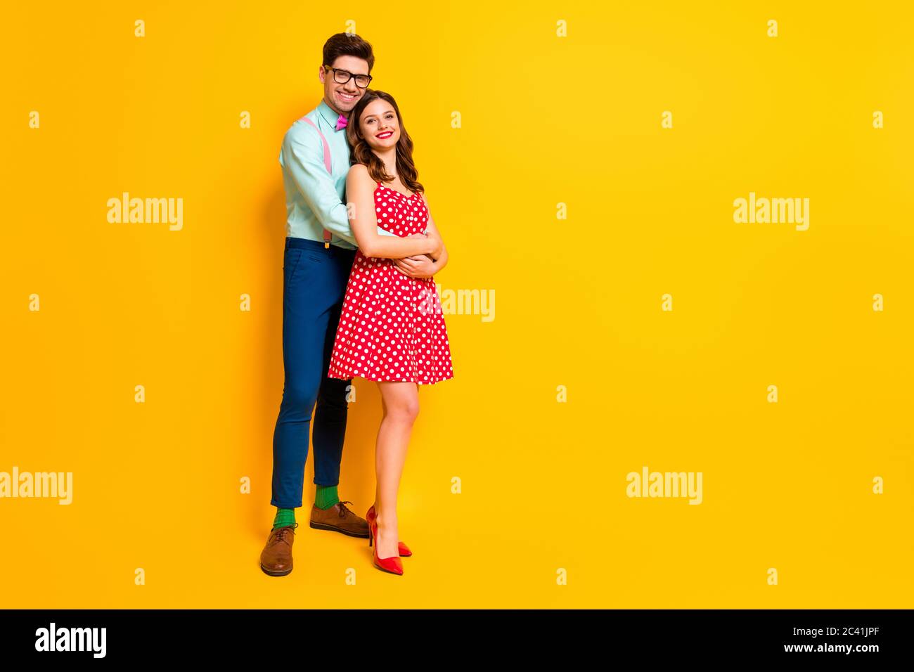 Full length photo of passionate gentle cozy man woman hug embrace ...