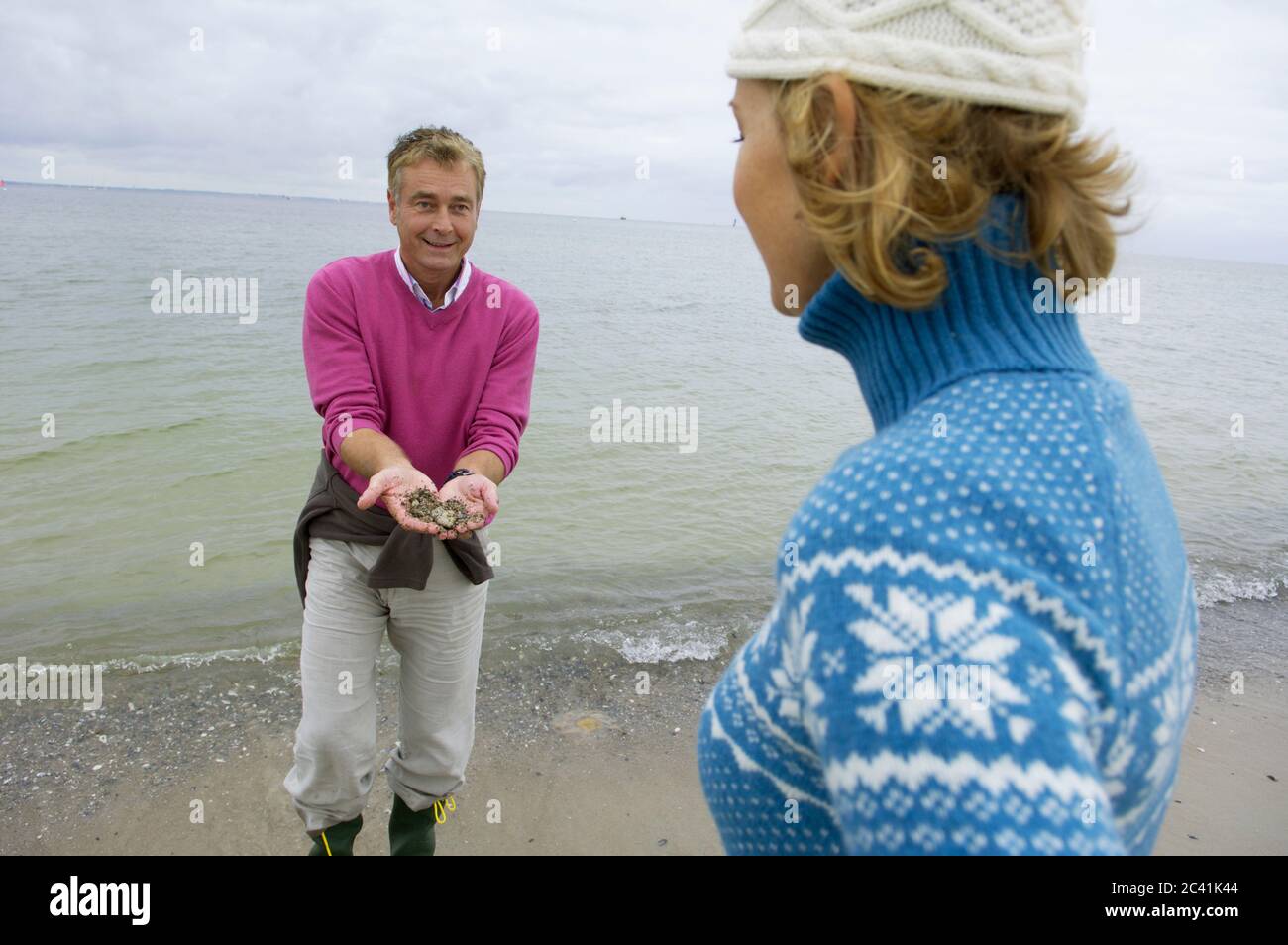 Elderly couple collects shells on the beach Stock Photo - Alamy