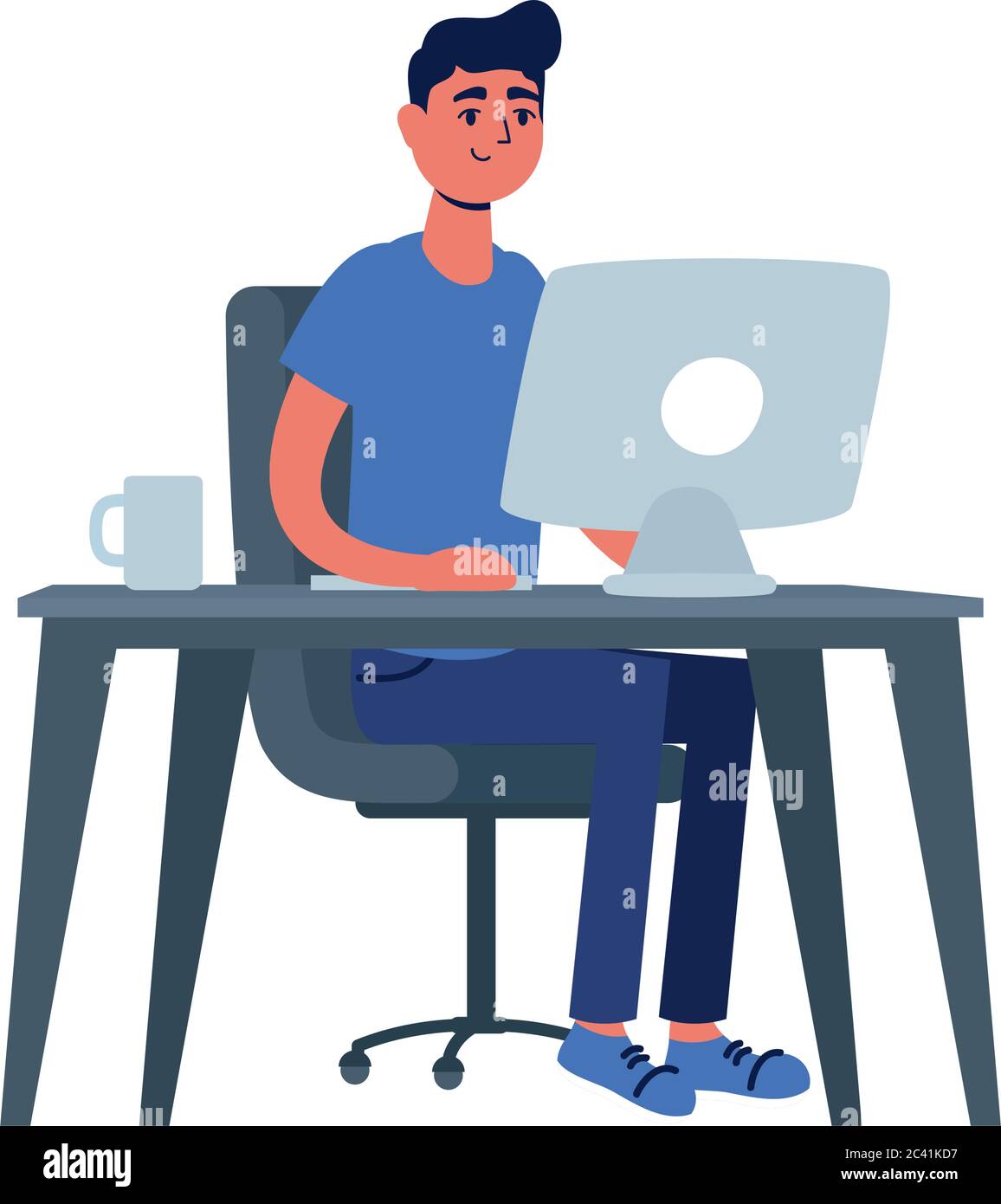 Man on desk with computer design, Digital technology communication ...