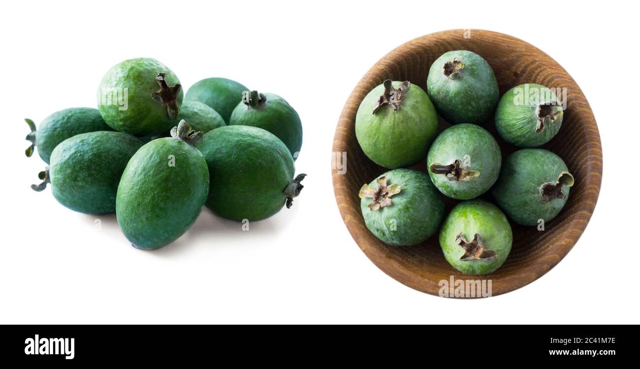 Green feijoa fruits isolated on white background. Fruits of feijoa on a ...