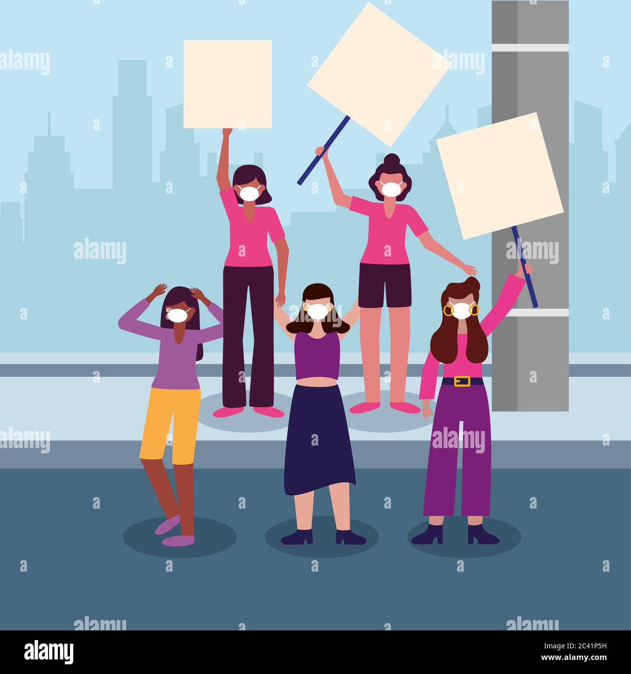 Women with medical masks and banners boards at city design ...