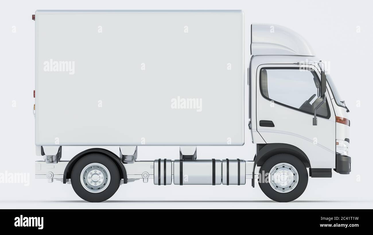 Side View of a White Cargo Truck on White Background 3D Rendering Stock ...