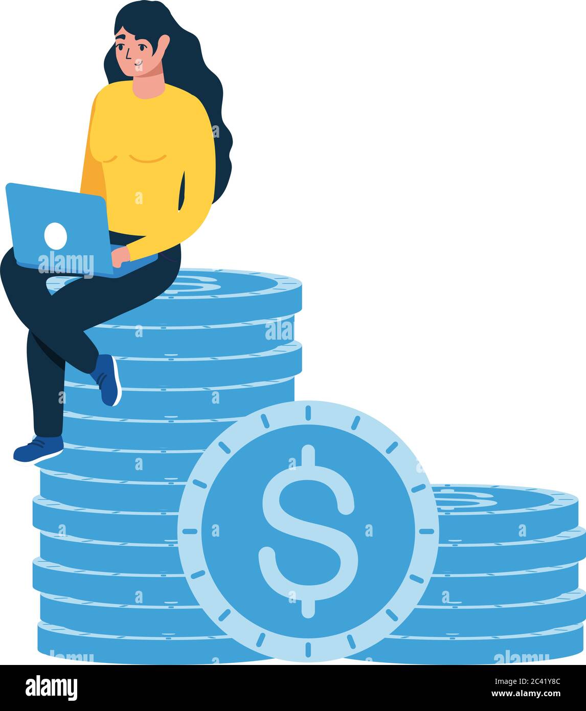 woman avatar with laptop and coins of Online payments money and ...