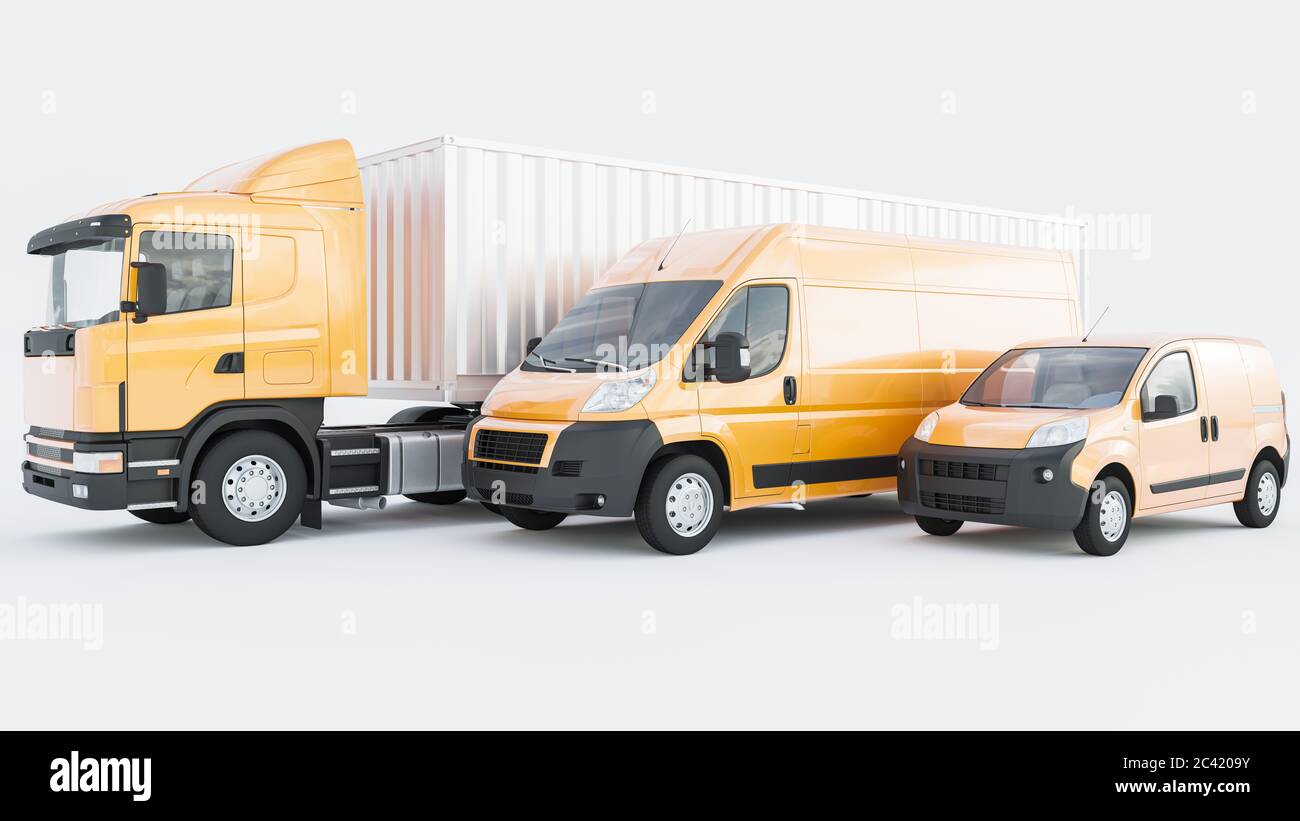 Semi Container Truck Lined Up with Delivery Vans on White Background 3D ...