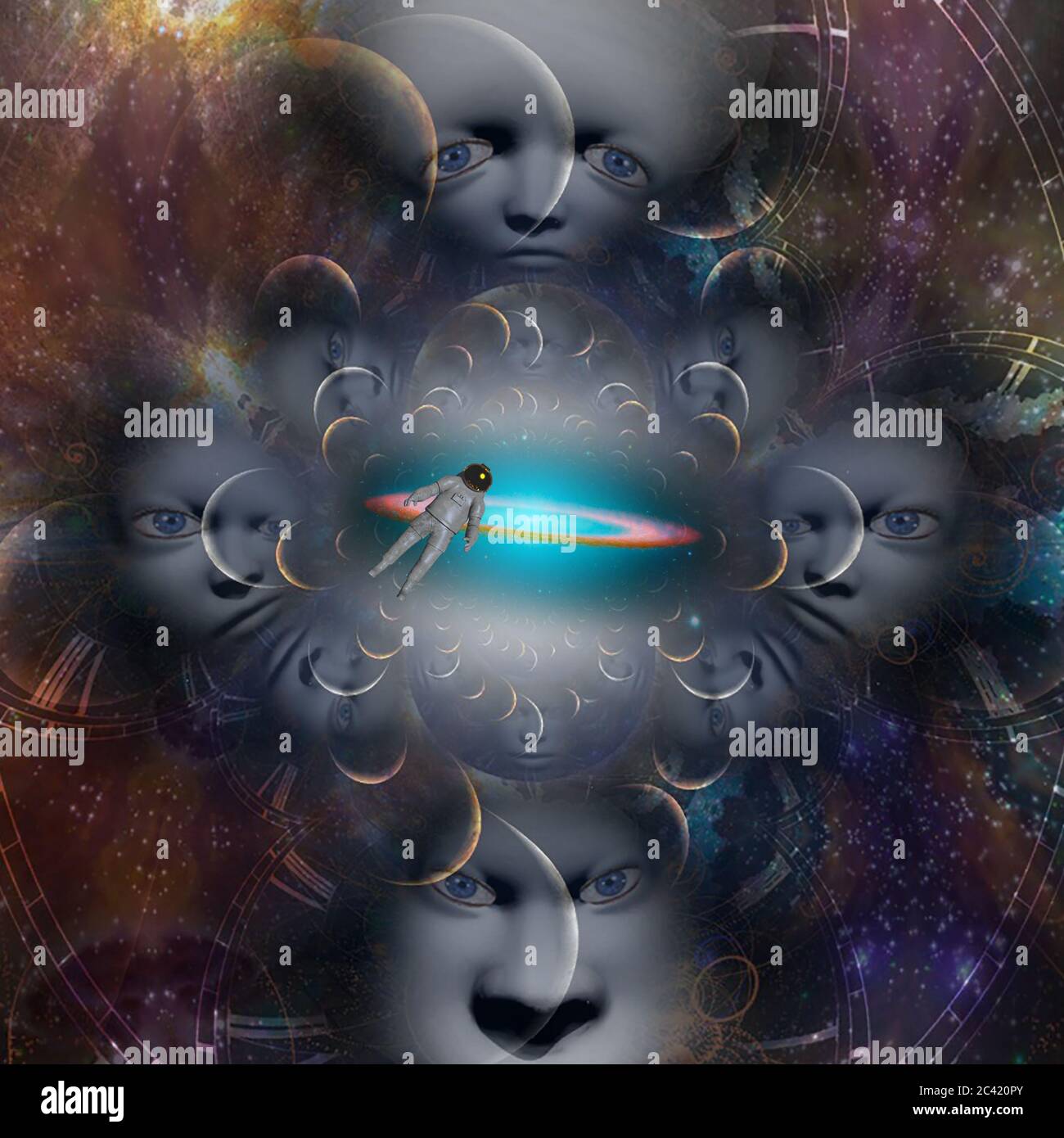 Astronaut in surreal space with mystical faces Stock Photo - Alamy