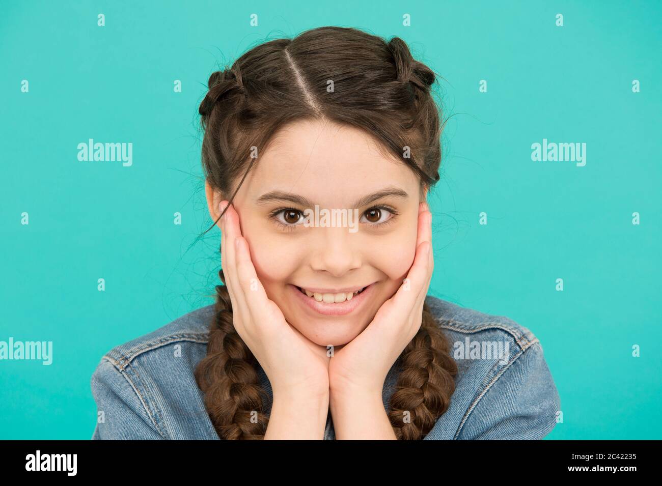 Children skincare. Happy child smile with beauty look. Small skincare ...
