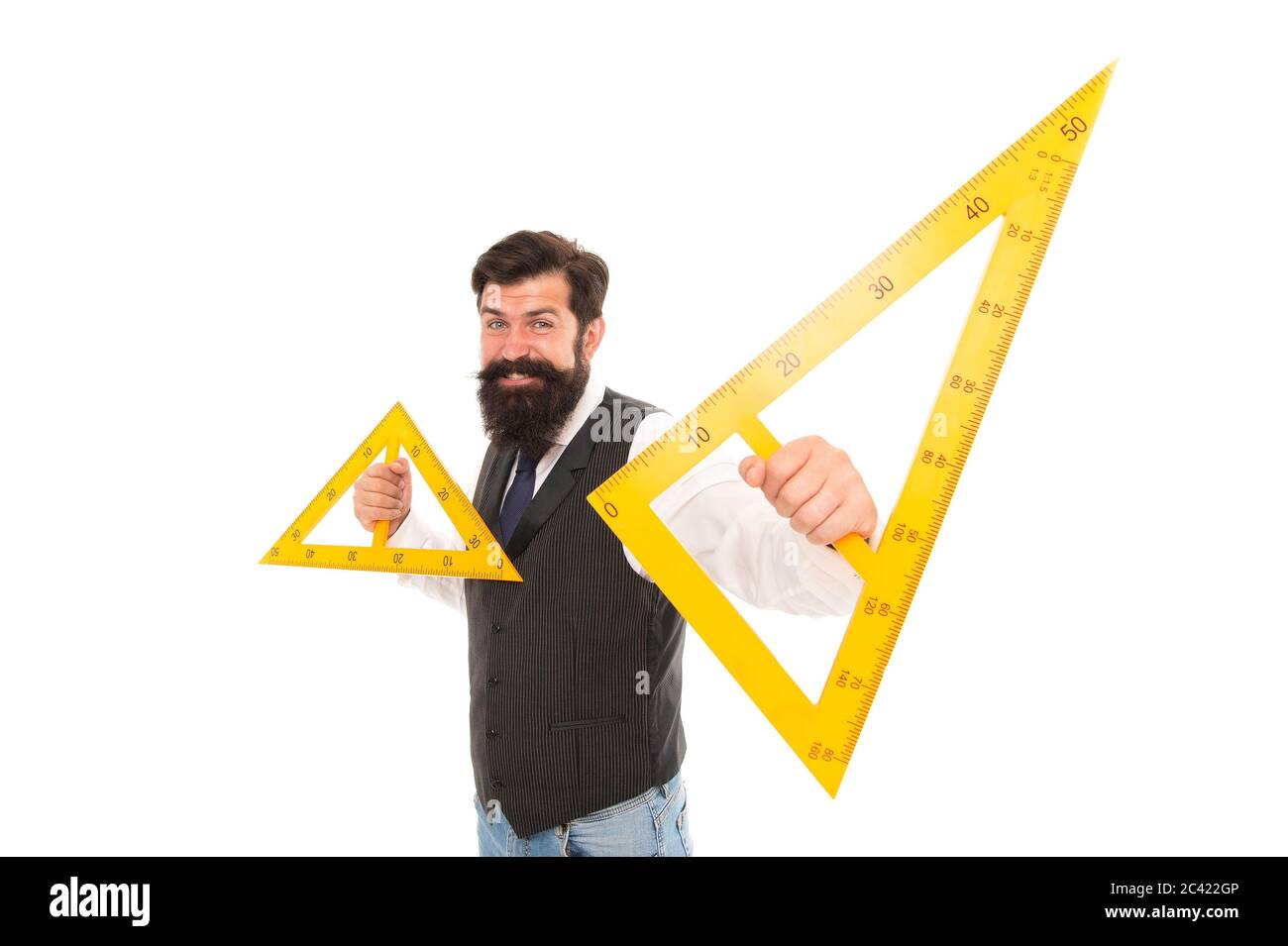 What is triangle. Bearded man hold triangles isolated on white. School ...