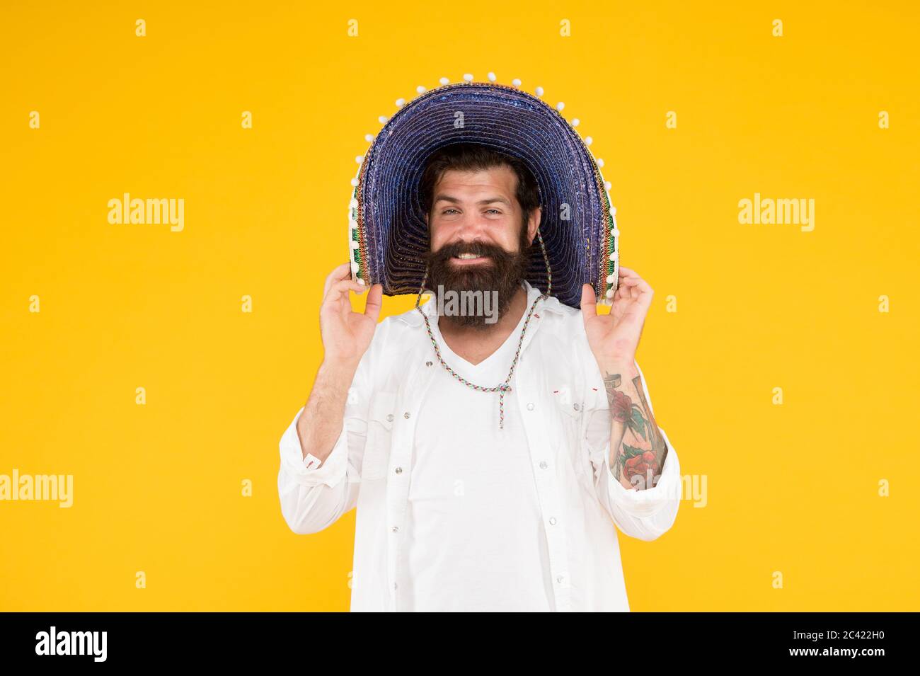 National holidays. Mexican hat sombrero. Guy happy festive outfit ...