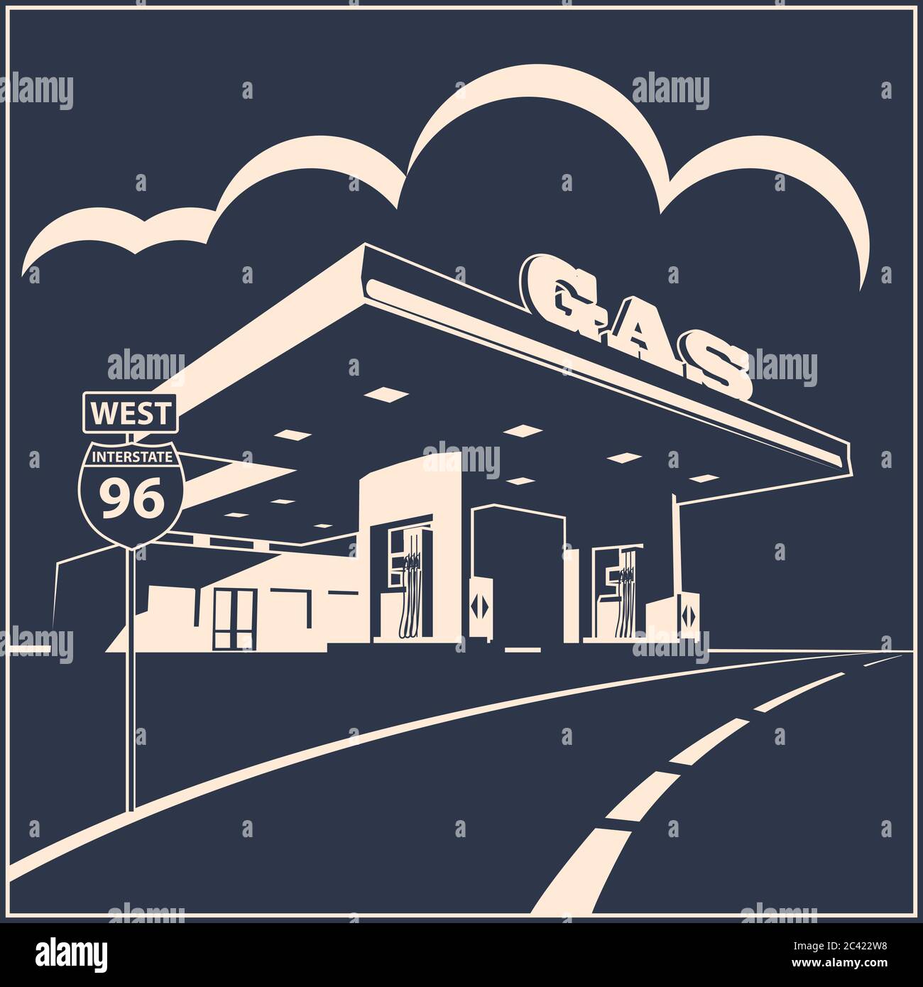 Stylized vector illustration of a gas station on the road Stock Vector ...