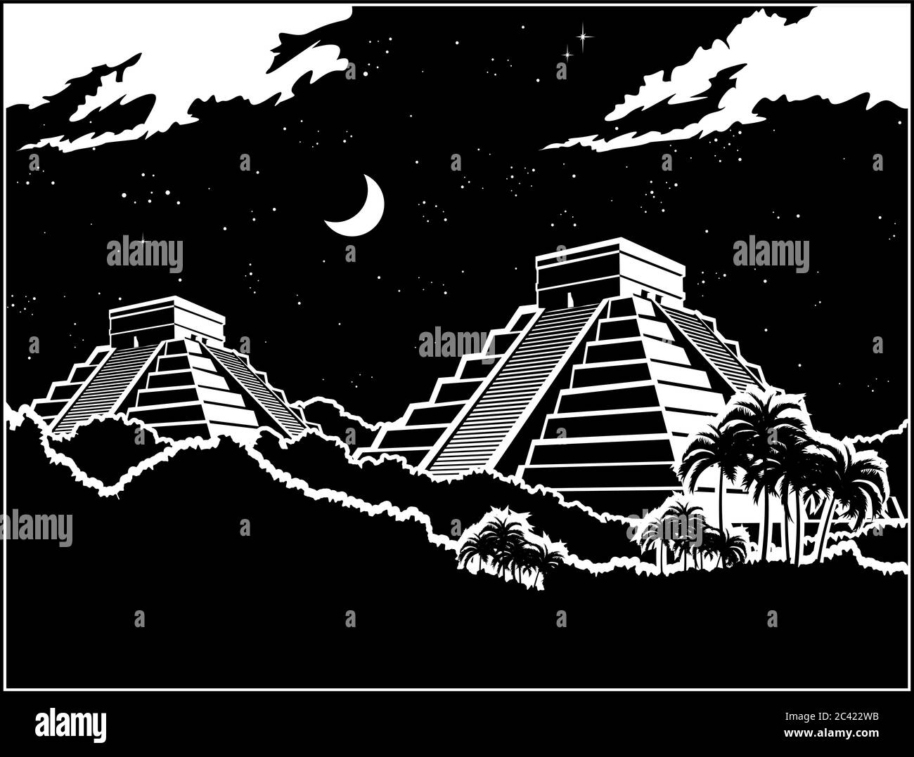 Stylized vector illustration of ancient Mayan pyramids in the jungle at ...
