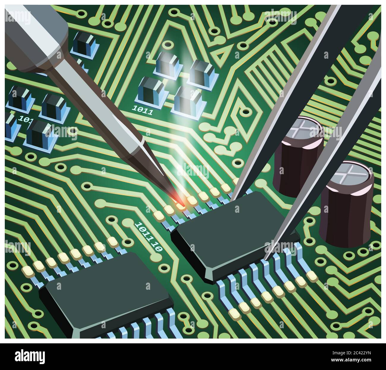 Stylized vector illustration on the theme of circuit design, repair and ...