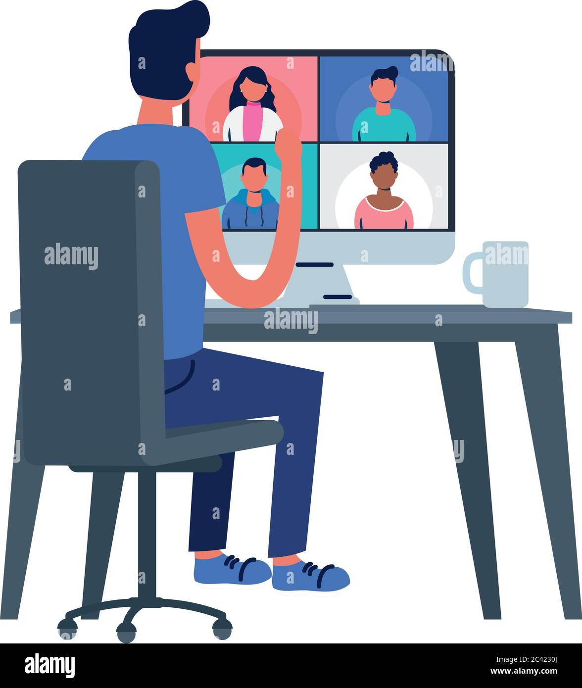Man with computer and people avatars on screen in video chat design ...