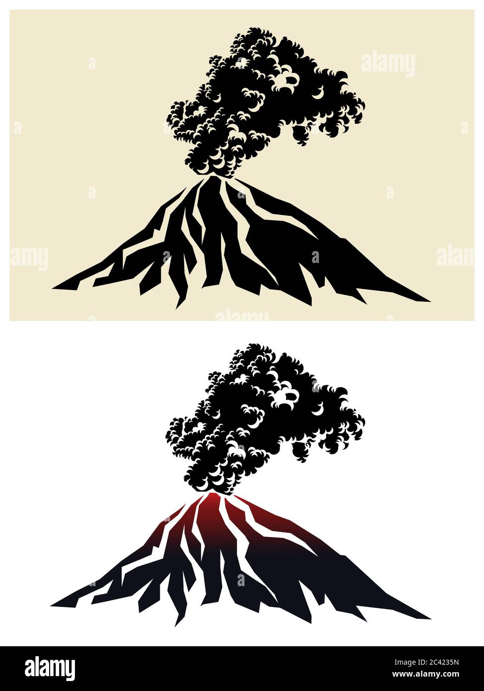 Stylized illustration of a smoking volcano with black clouds of smoke ...