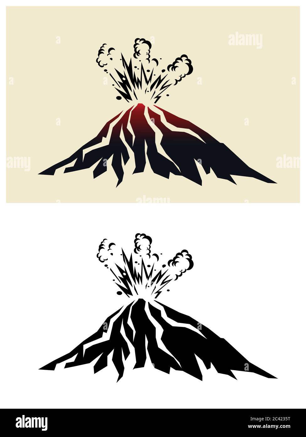 Stylized illustration of a erupting volcano with black clouds of smoke ...