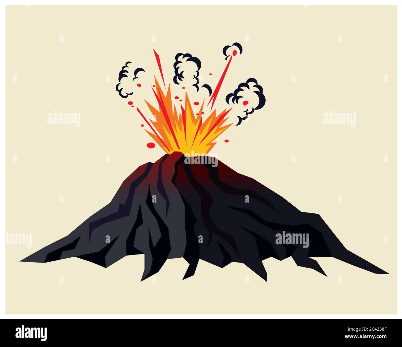 Stylized illustration of a erupting volcano with black clouds of smoke ...