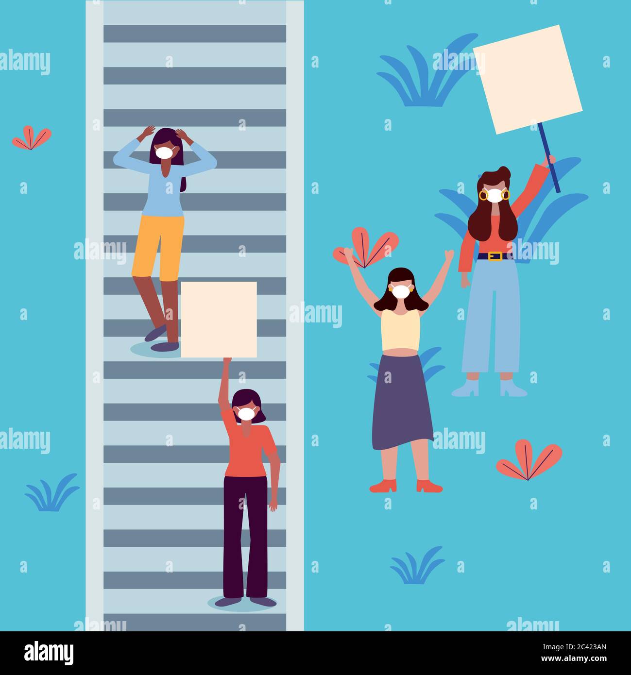 Women with medical masks and banners boards at stairs design ...