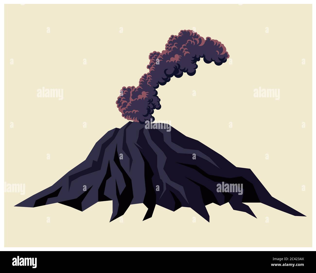 Stylized illustration of a smoking volcano with black clouds of smoke ...
