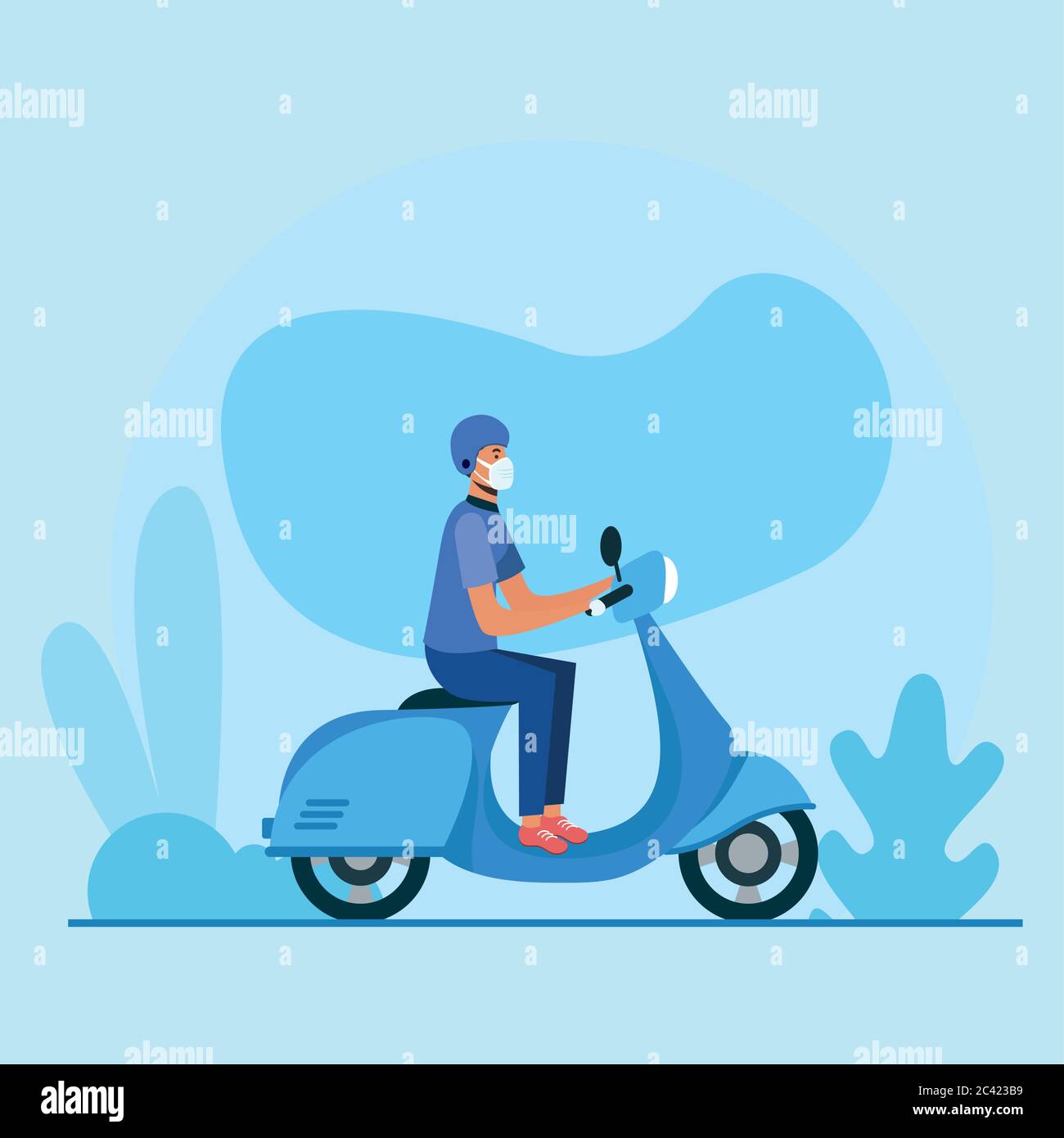 Man with mask on motorcycle design of medical care and covid 19 virus ...