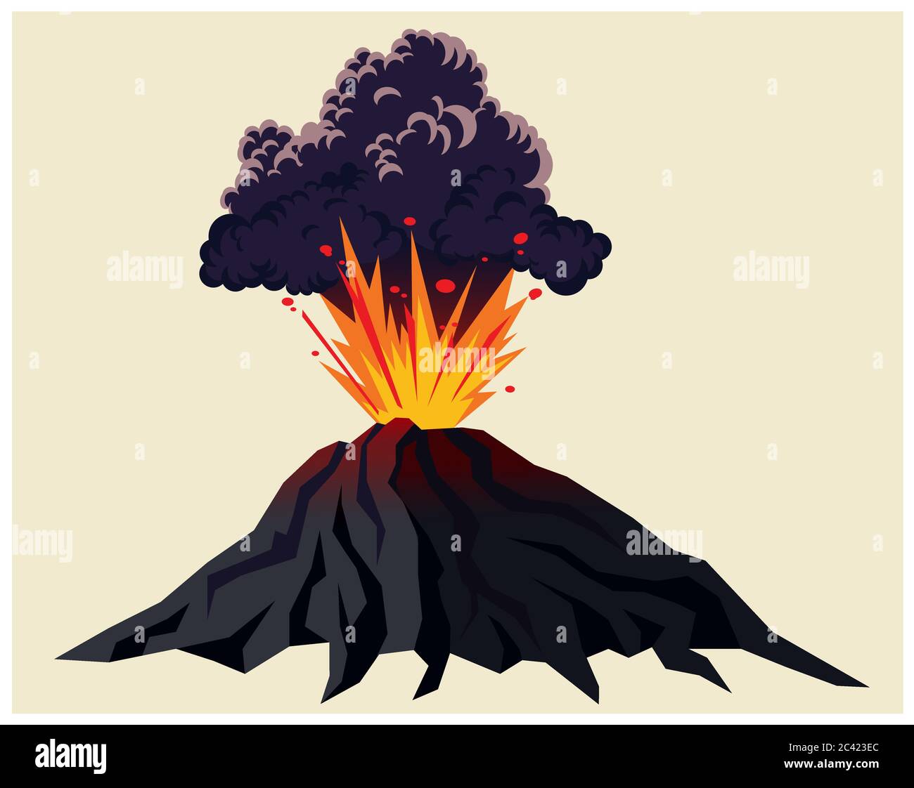 Stylized illustration of a powerful erupting volcano with black clouds ...