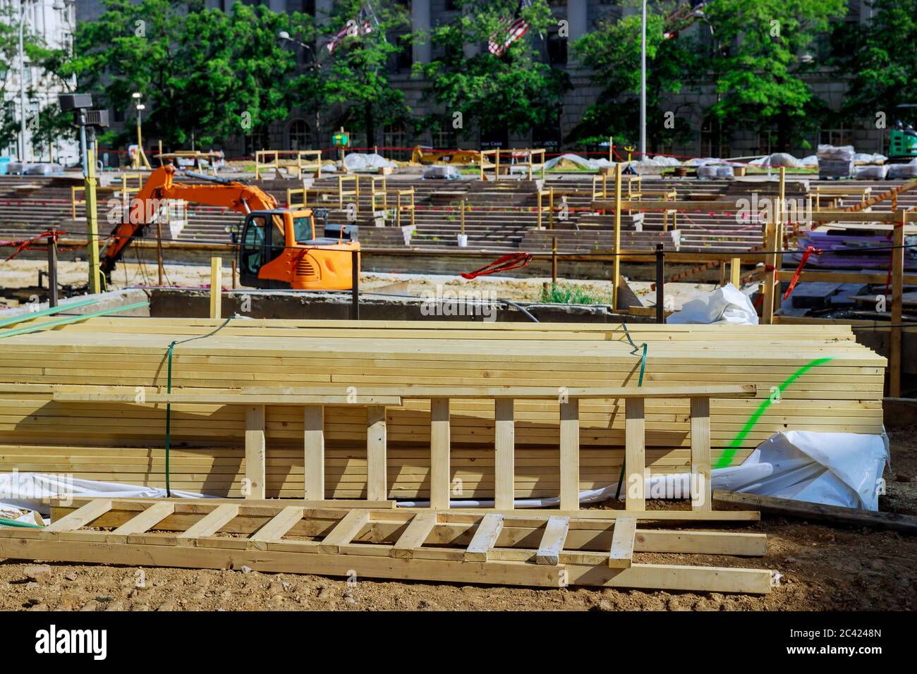Road repair construction work laying of pavement of cobblestones the ...