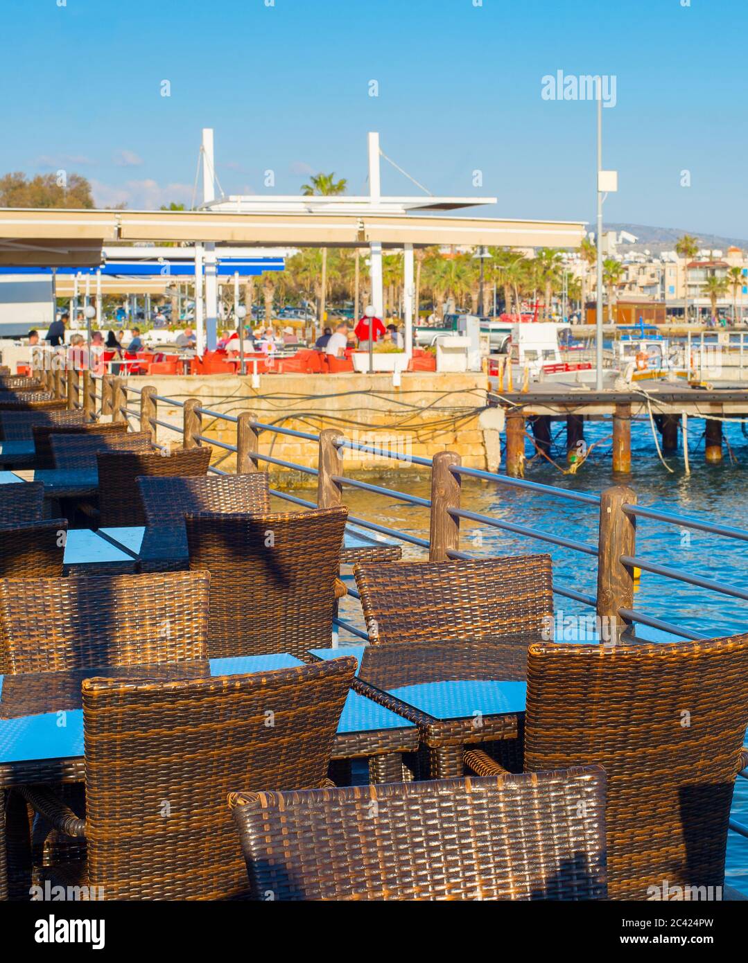 Sea restaurant in Paphos marina at sunset. Cyprus Stock Photo - Alamy