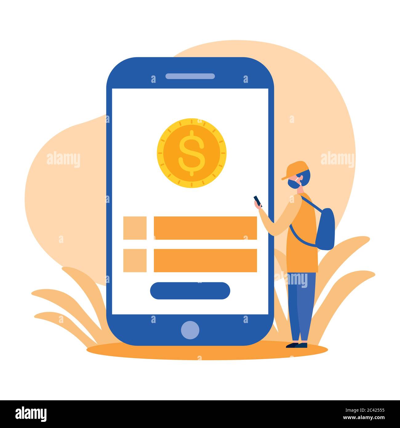 man avatar with mask smartphone and coin of Online payments money and ...