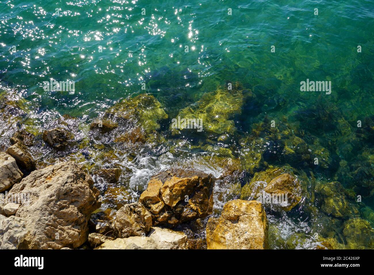 Aerial view to clear blue green sea with rocks, beautiful nature ...