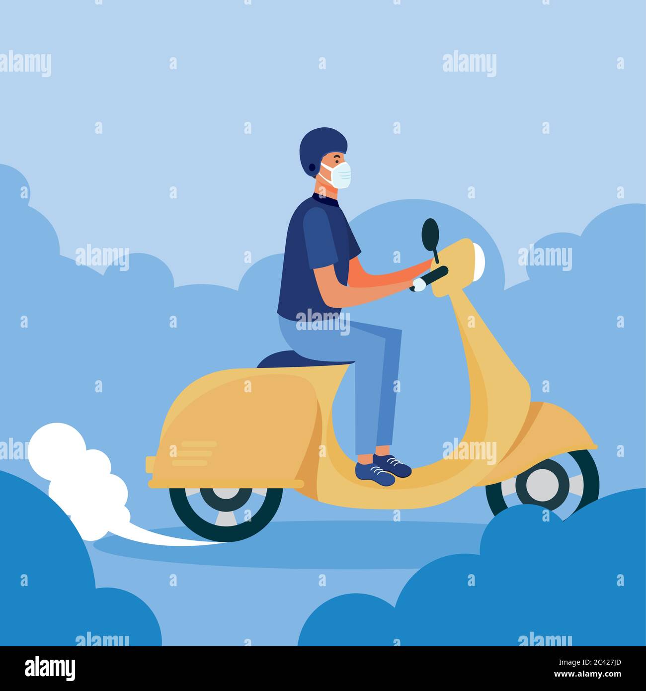 Man with mask on motorcycle design of medical care and covid 19 virus ...