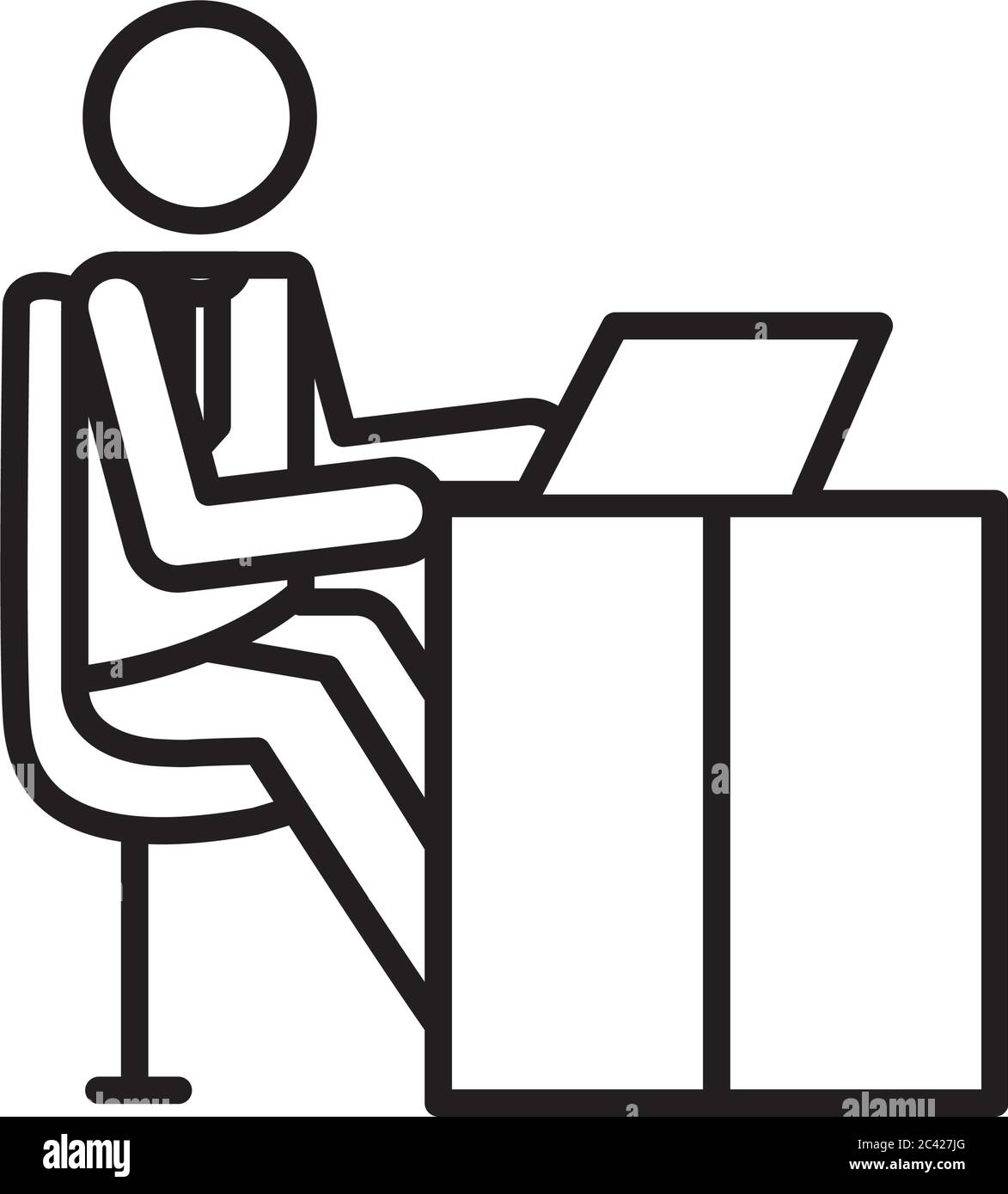 pictogram man working at office desk icon over white background, line ...