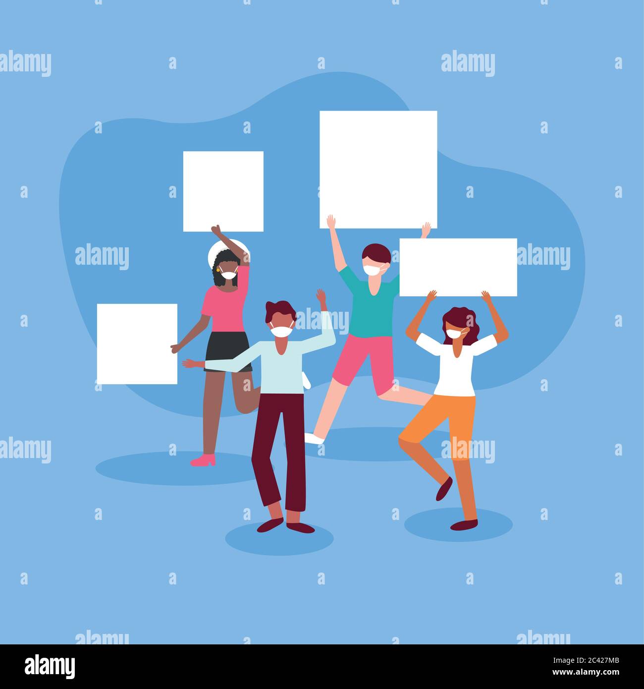 people with medical masks and banners boards design, Manifestation ...