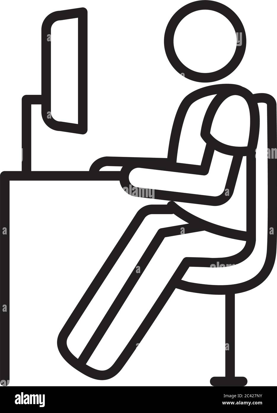 pictogram man working at office desk over white background, line style ...
