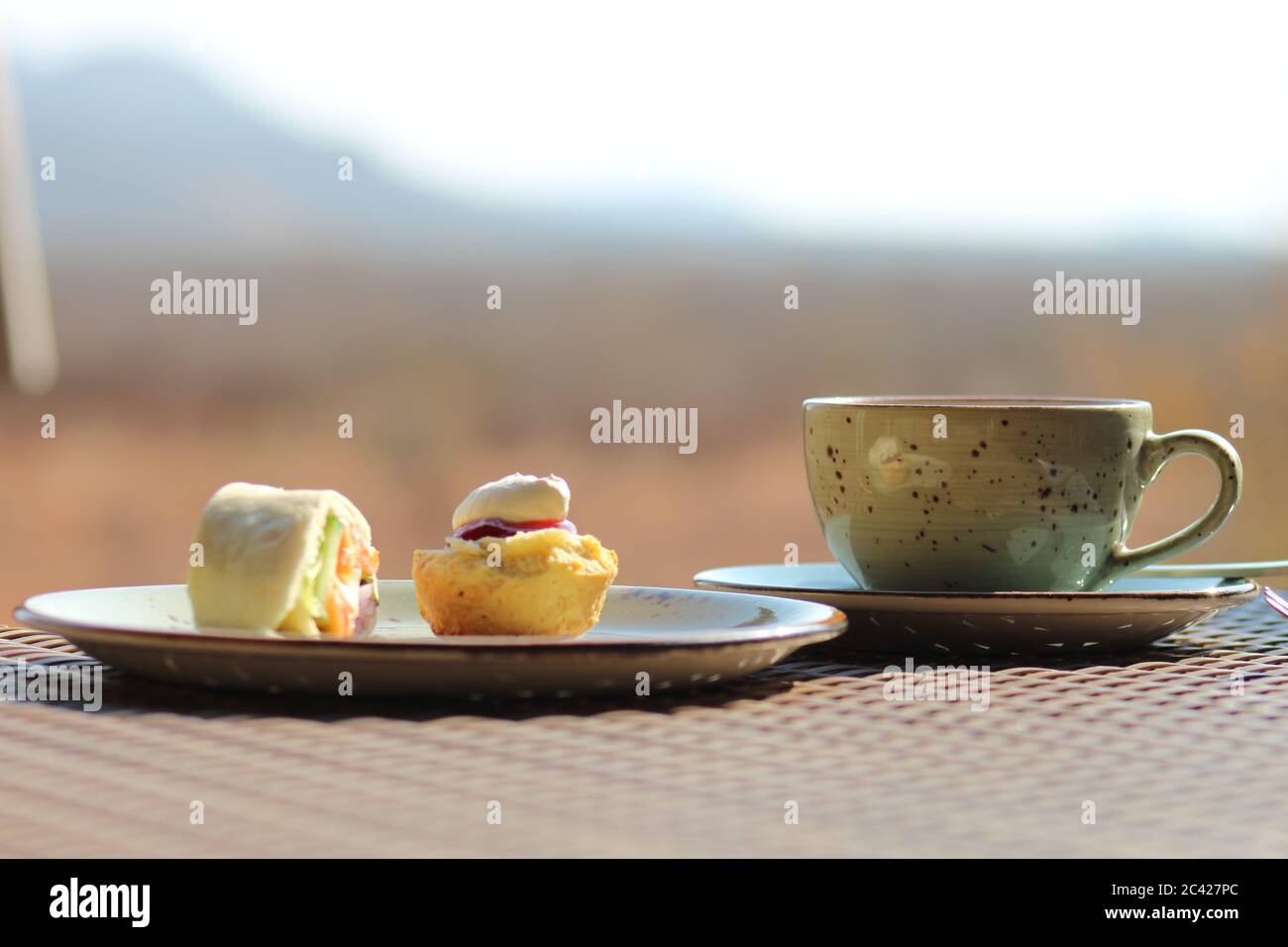 A cup of tea and a plate of afternoon snacks during a safari in South ...