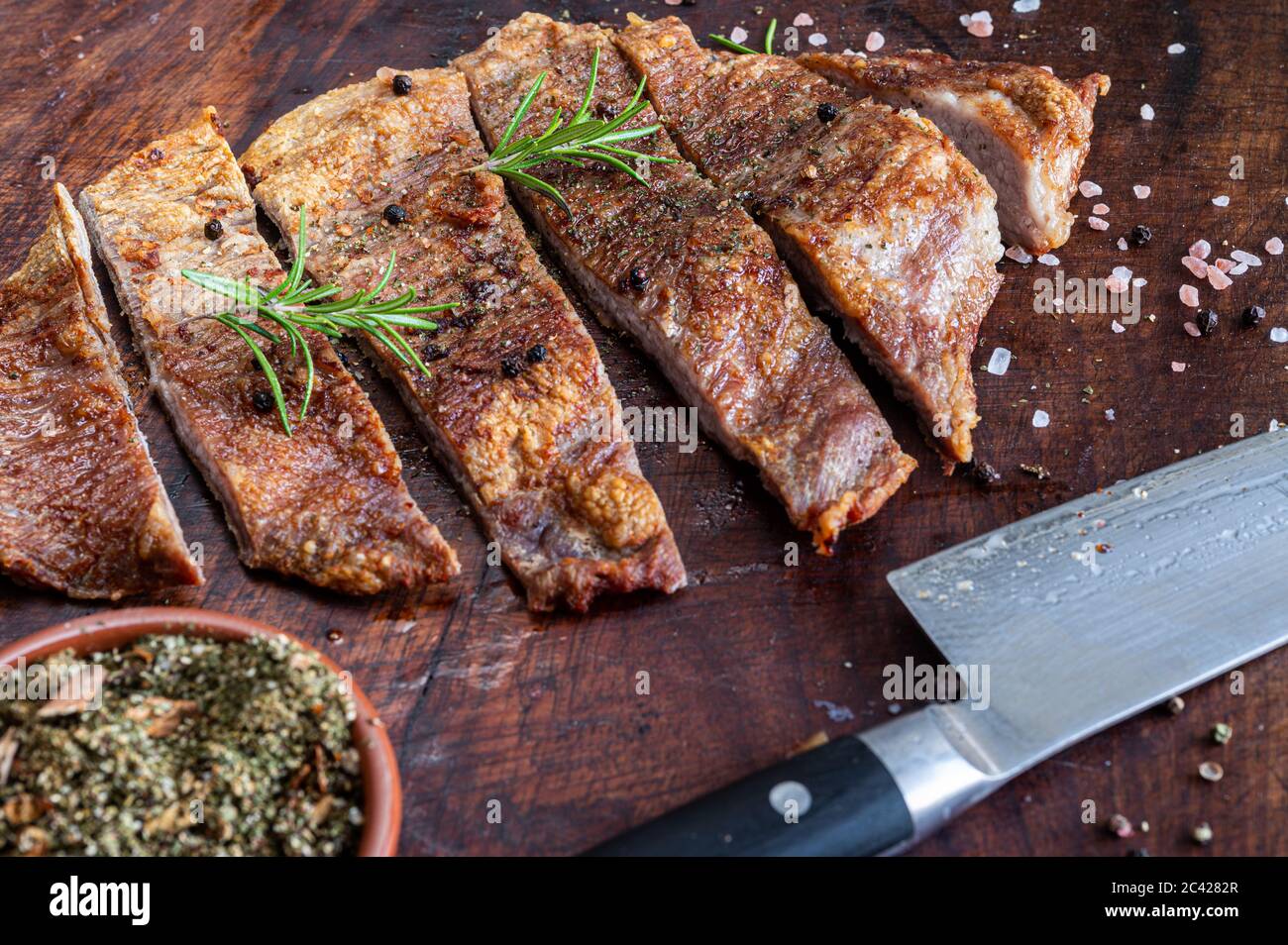 Close up of freshly cooked pork Secreto de ventresca pure iberico ...