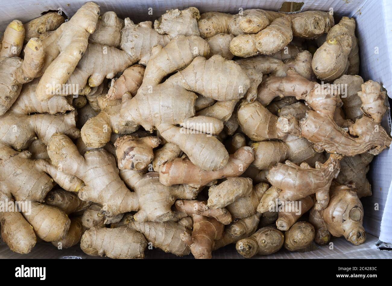 Pile of fresh, healthy ginger in a cardboard crate Stock Photo - Alamy