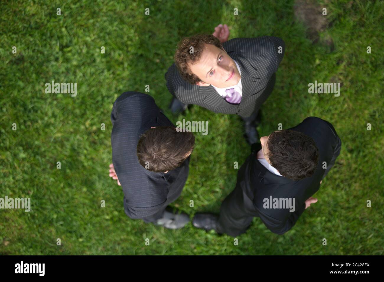 Three businessmen are standing on a lawn - talking Stock Photo - Alamy