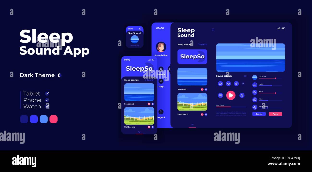 Sleep music app screen vector adaptive design template Stock Vector ...
