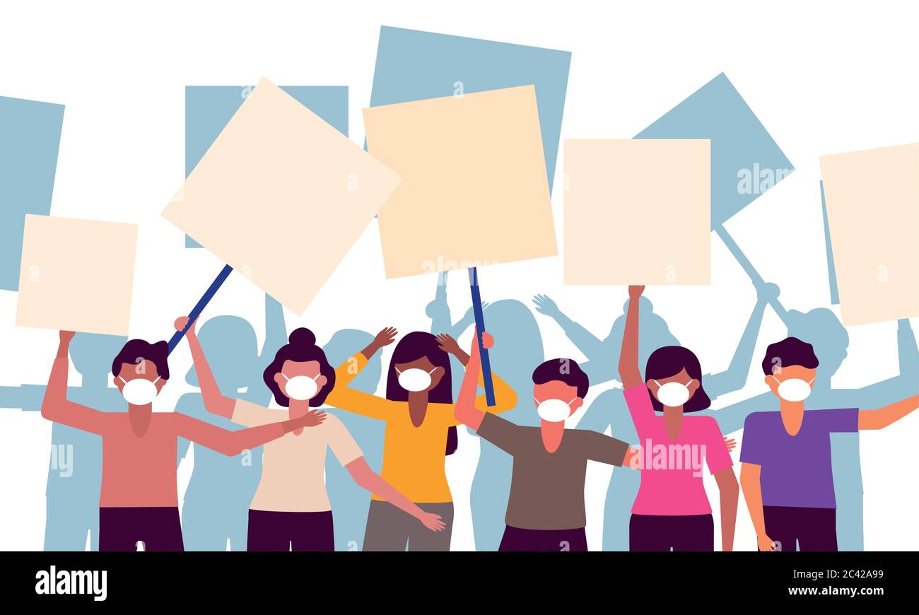people with medical masks and banners boards design, Manifestation ...
