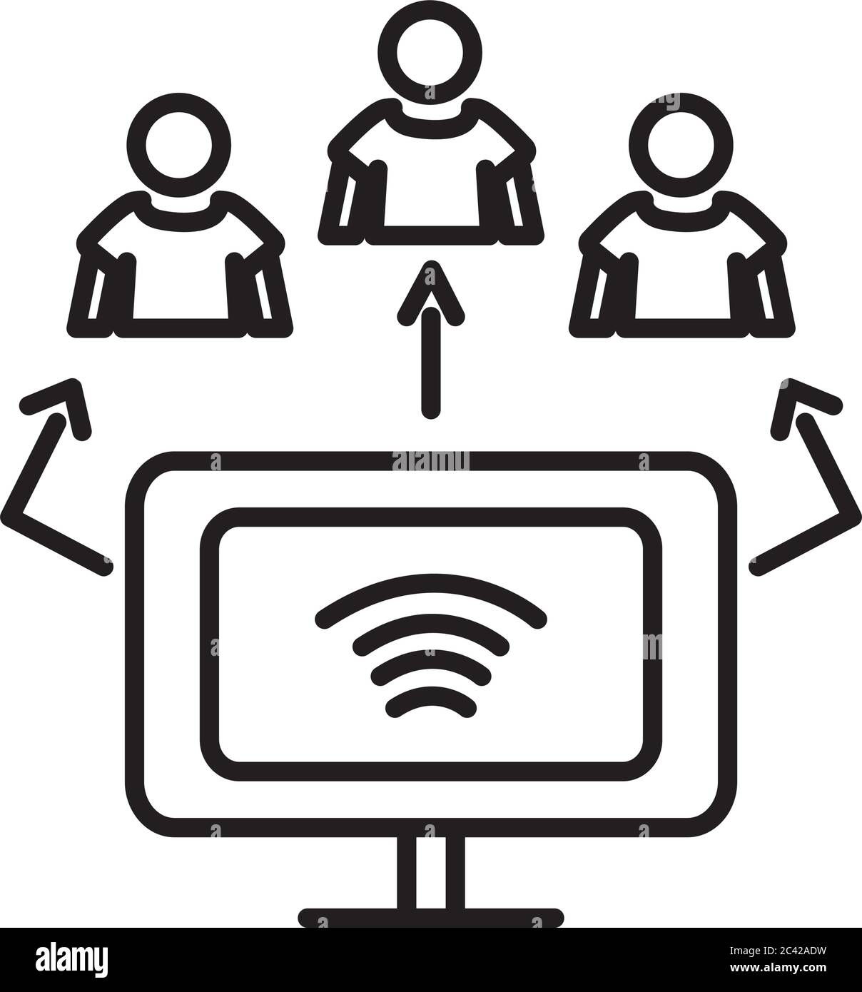 network computer and pictogram people icon over white background, line ...