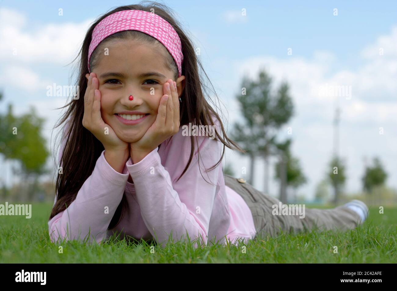 Girl with ladybug on her nose lies in the grass Stock Photo - Alamy