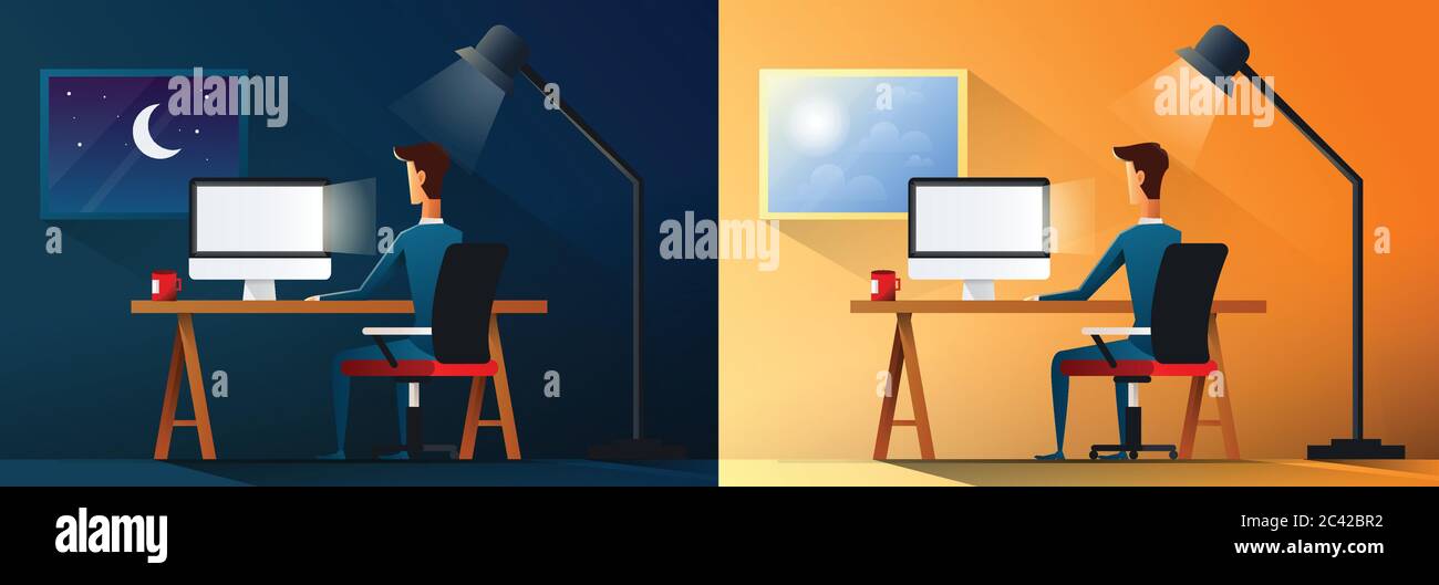 Business life or designer workaholic worker in office day and night ...