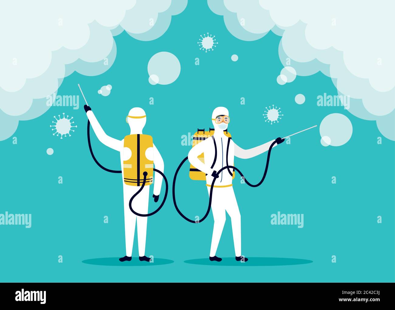biosafety workers with sprayers disinfect vector illustration design ...